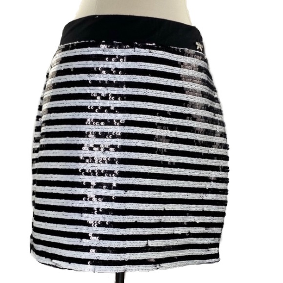 DEPT- everything truly delightful always you | Skirts | Dept Black And White Striped Sequin Mini ...